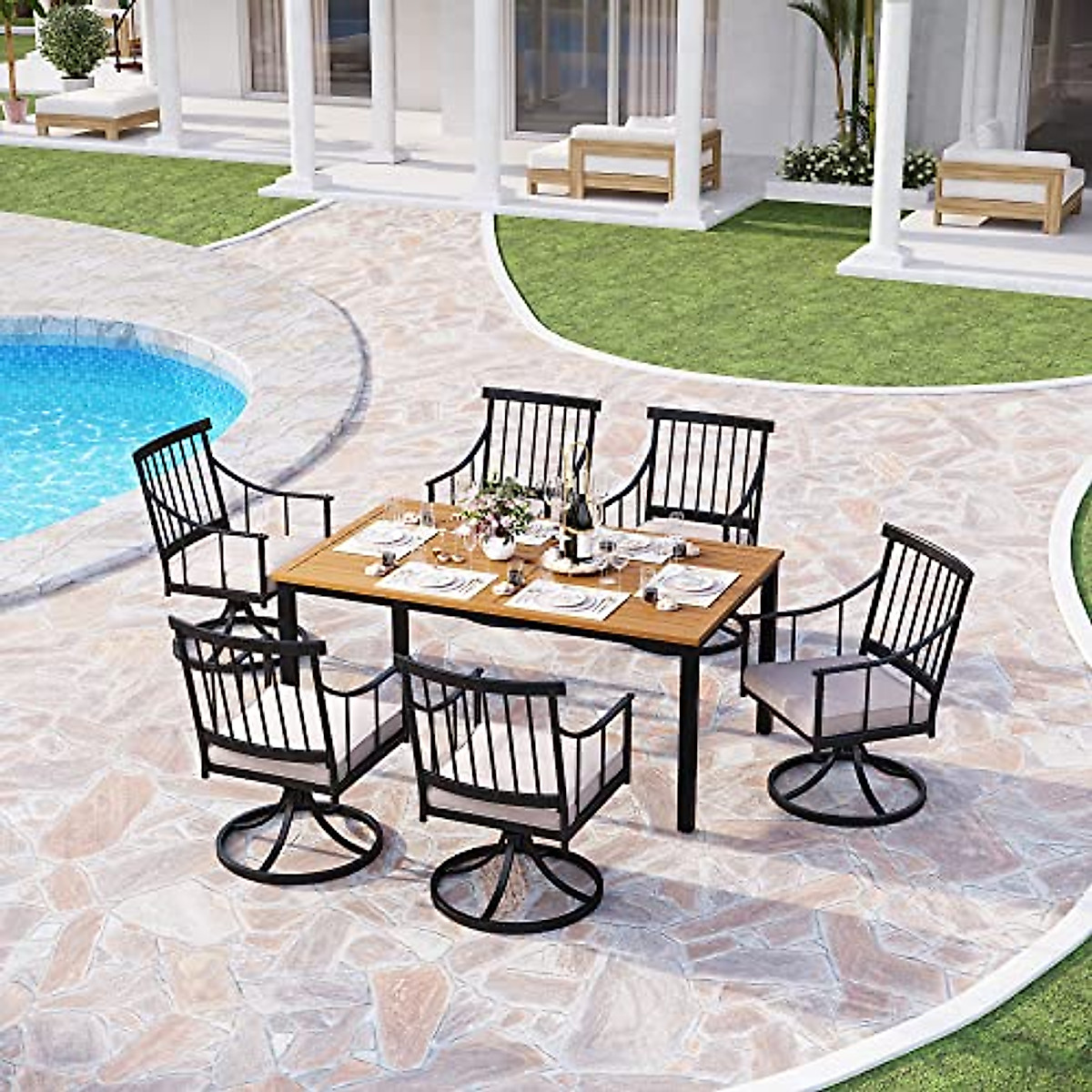 PHI VILLA Metal Patio Dining Det 6,7 Piece Metal Outdoor Dining Table Set - 1 Rectangle Expanding Dining Table and 6 Swivel Chairs Garden Outdoor Chairs