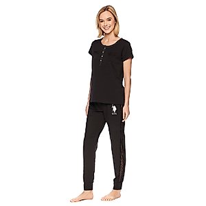 U.S. Polo Assn. Womens Pajamas - Short Sleeve PJs with Jogger Pajama Pants (Black, Large)