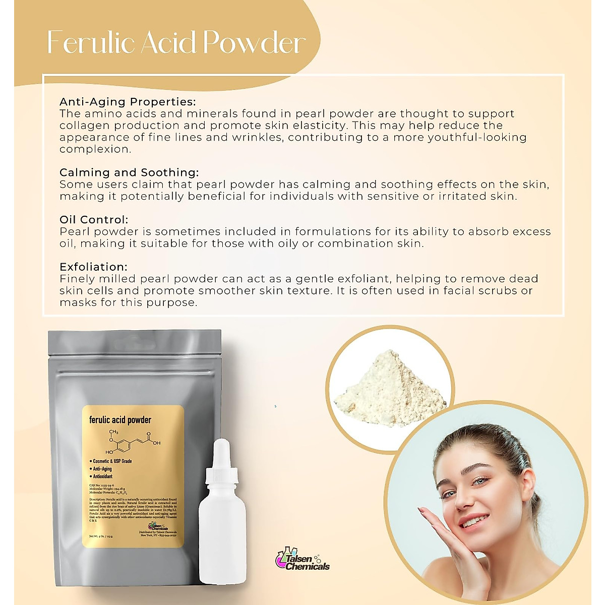 Ferulic Acid Powder Pure 99% Pure Cosmetic Grade Powder Pure Natural Antioxidant, Anti-Aging, DIY Skincare (1 Oz/ 28 Grams)