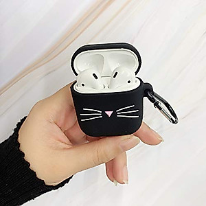 MOLOVA Case for Airpods 1&2 Case,Soft Silicone 3D Cute Funny Fun Cartoon Character Kawaii Airpods Cover Shockproof  Full Protection Skin case with Keychain (Black Whisker Lucky Cat Kitty)