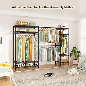 Ulif E11 Heavy-Duty Garment Rack, Metal Freestanding Clothes Rack and Closet Storage Organizer System with 8 Shelves and 4 Hanger Rods, (73.2 - 97.6)"W x 14.5"D x 71.2"H, Load 962 LBS, Black