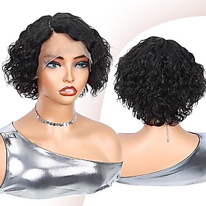 WIGER Short Lace Front Wigs Human Hair for Women Short Curly Bob Wig Black Wavy Lace Wig Black Pixie Cut Wig Brazilian Virgin Human Hair Curly Wigs 180% Density Side Part