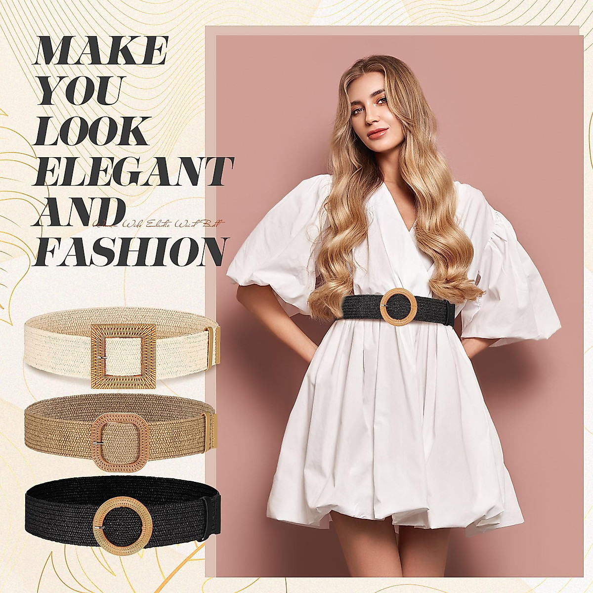 Syhood 3 Pieces Straw Woven Elastic Waist Belt for Women Bohemian Dress Braided Belt (Black, Khaki, Beige, Fit Waist Size Below 31'')