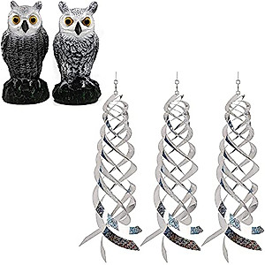 Hausse 2 Pack Fake Horned Owl | 3 Pack Bird Spiral Reflectors Silver Mylar Spinner