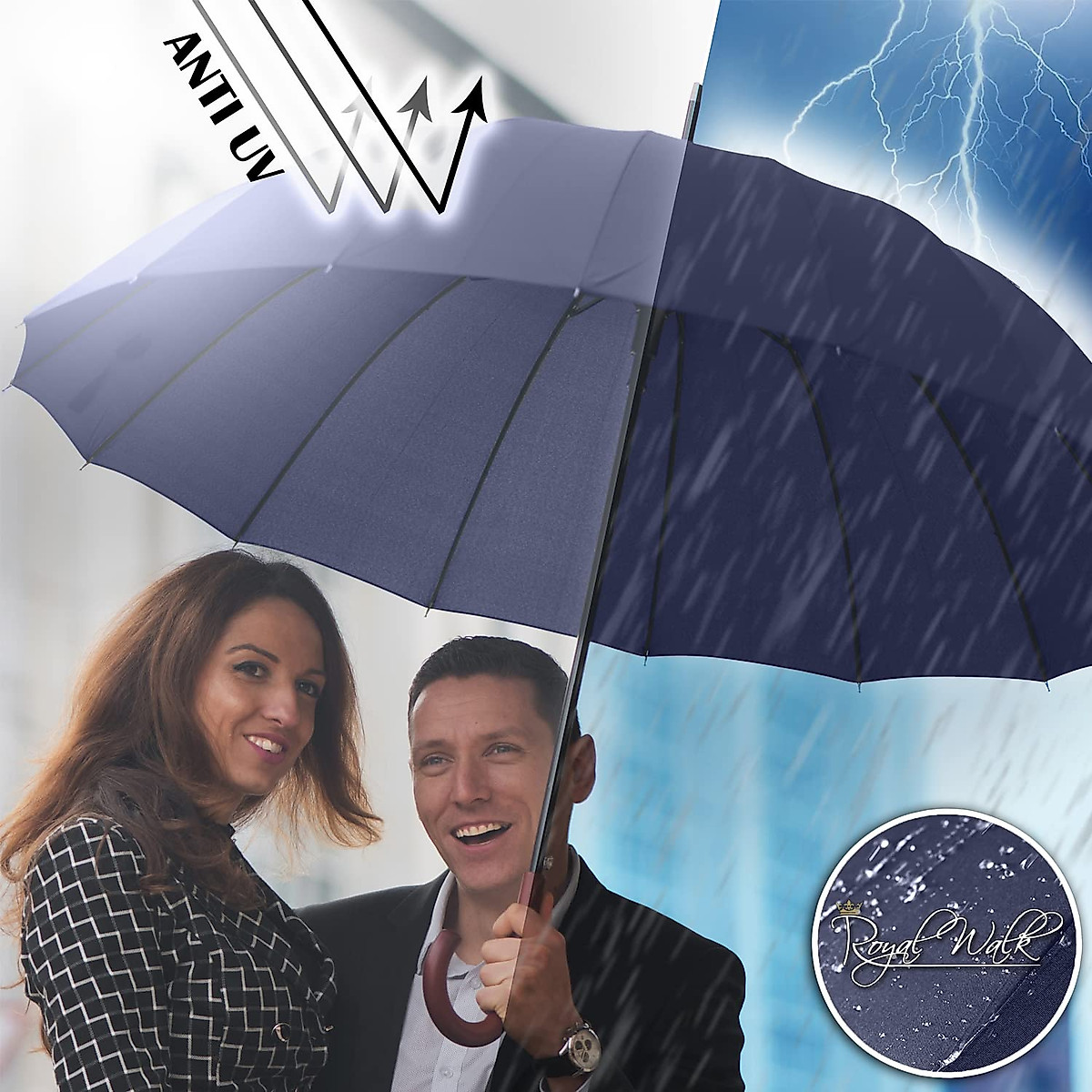 Royal Walk Large Umbrella for 2 Persons, Navy Blue, 54 Inch, Windproof, Auto Open, Wooden Handle, Drying, Strong 16 Ribs, Travel 120cm