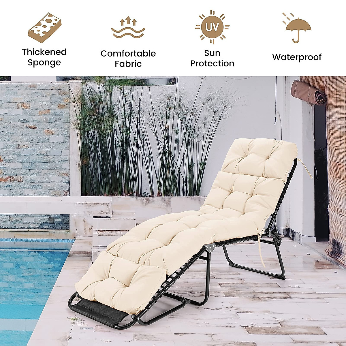Chair, 72” x 22” x Chaise Lounge w/4 String Ties, Thickened, Tufted Patio Recliner for Outdoor Indoor Cushions, 1 Count (Pack of 1), Beige