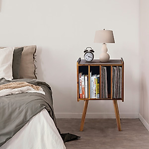 2BHOME Wooden LP Record Player Stand with 4 Cabinets, Holds up to 100 Vinyls, Metal Record Storage Holder and Organizer Table, Classical Design for Files/Book (Mid-Century Modern)