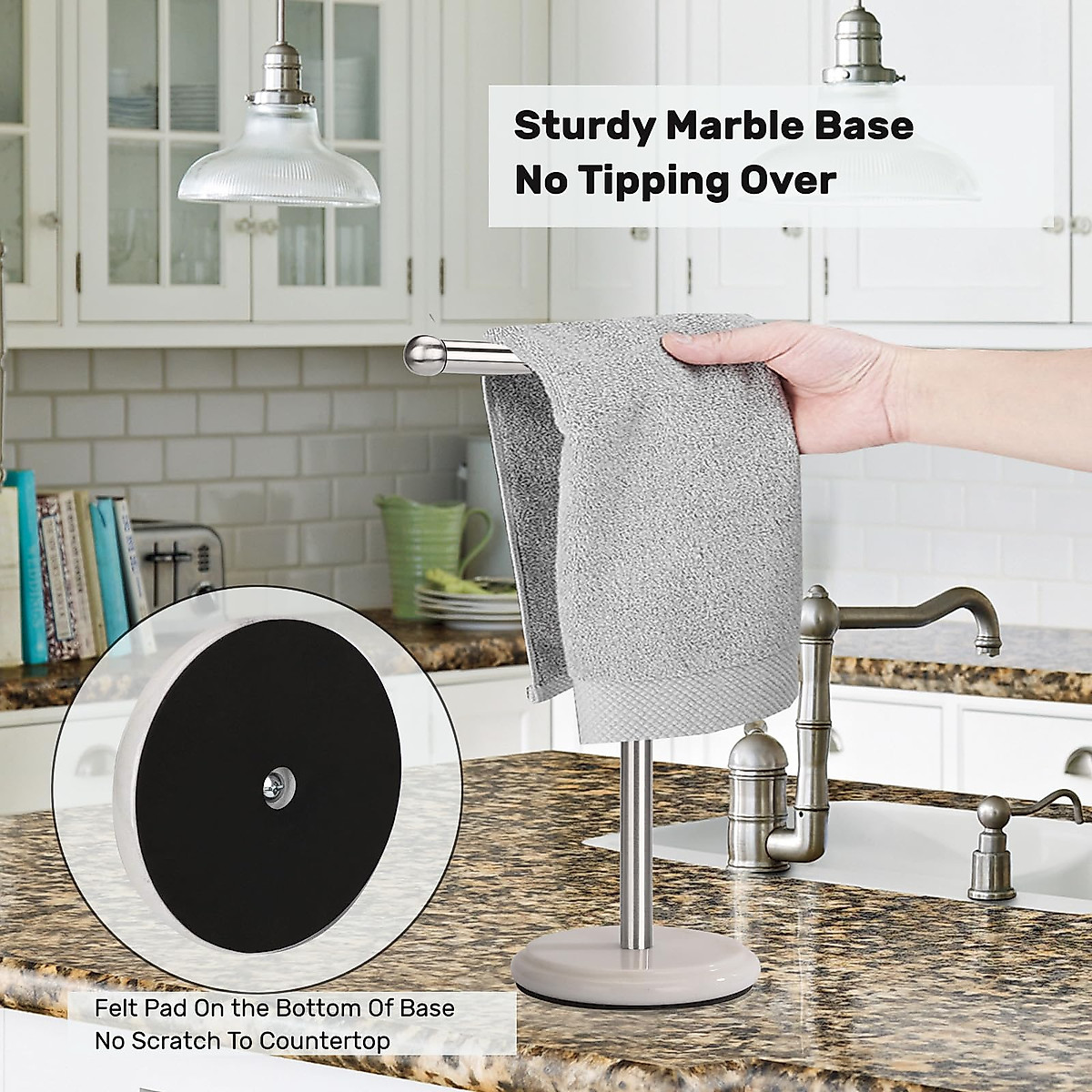 Hand Towel Holder, Hand Towel Rack Stand with Heavy Marble Base, Countertop Hand Towel Holder Stand for Bathroom (Brushed Nickel)