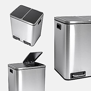 AWENN - Dual Kitchen Garbage Trash Can with Lid and Pedal - Touchless Round Shape Waste Bin - Stainless Steel Dustbin for Kitchen, Bathroom, Office and Outdoors – Black (7.9 Gallon – 30 Liters)