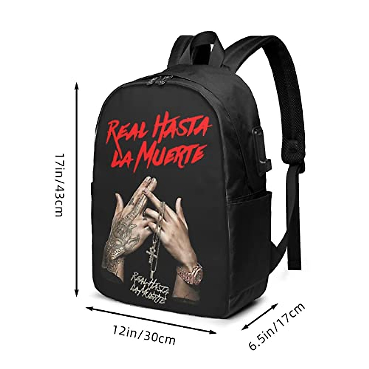 HQEKMS Real Hasta La Muerte Backpack,17Inch Lightweight Bookbag with USB Charging Port Travel Casual Backpack, Black, One Size