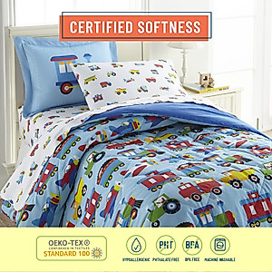 Wildkin Kids 100% Cotton Flannel Full Sheet Set for Boys & Girls, Bedding Set Includes Top Sheet, Fitted Sheet & Pillow Case, Bed Sheets for Cozy Cuddles (Trains, Planes & Trucks)