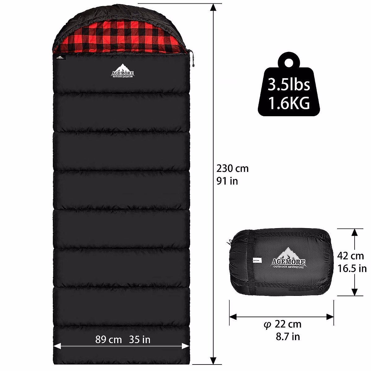 AGEMORE Cotton Flannel Sleeping Bag for Adults, Lightweight XXL Cotton Sleeping Bag for Camping Backpacking or Hiking, Water Resistant 3-4 Season Sleeping Bag for Warm & Cool Weather