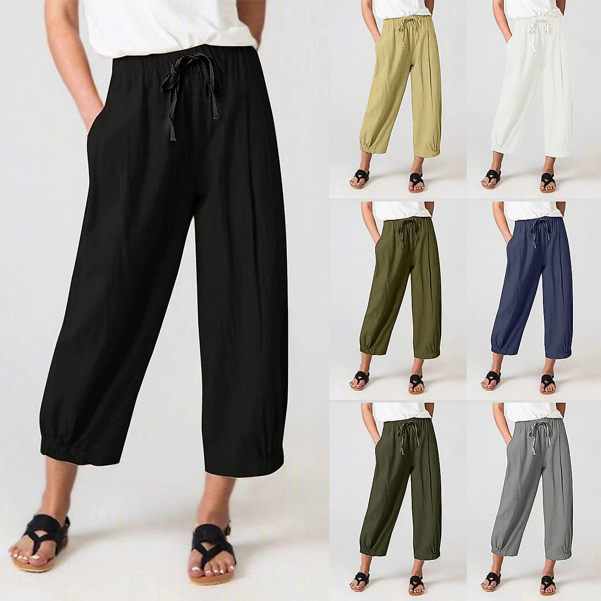 TBA Women's Casual Pants Summer Wide Leg Capris Drawstring Elastic High Waist Cotton Cropped Trousers with Pockets Black