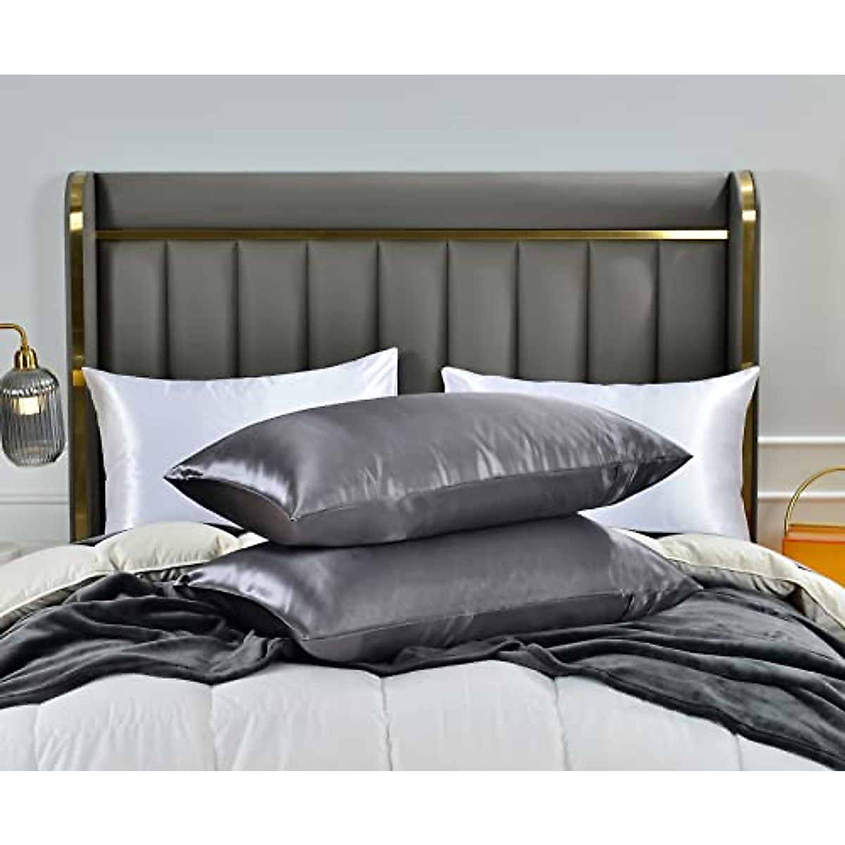 Alexandra's Secret Home Collection Satin Pillowcase for Hair and Skin, Pack of 2 - Feels Like Real Silk Pillow Cover - Satin Pillow Cases Set of 2 with Zipper Closure (Charcoal, Standard)