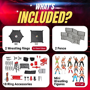 Liberty Imports Ultimate 32-Piece Wrestling Miniature Toys for Kids Pretend Play, Wrestler Figures with 2 Rings & Realistic Accessories for Boys and Girls, Great for Cake Toppers, Parties