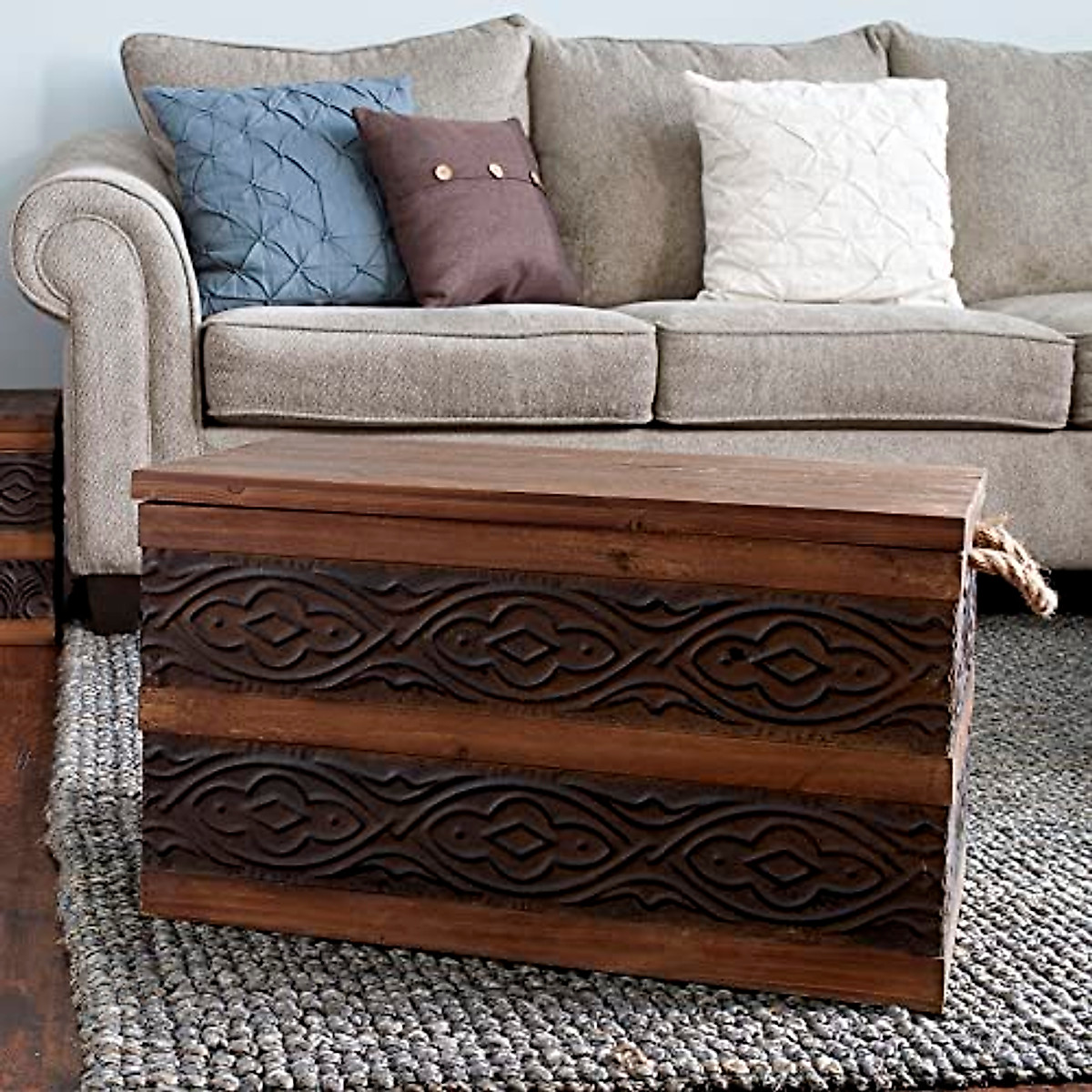 Household Essentials Decorative Trunk, Embossed Metal, Large, Chinese Fir Wood, Darkened Interior, Rope Handles, Flat and Fully Opening Lid, Handmade, Walnut and Almond Stain