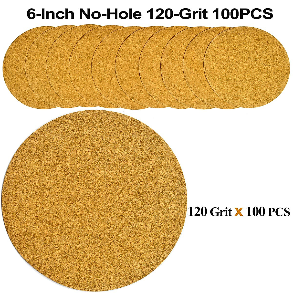 Aiyard 6-Inch No-Hole Hook and Loop Sanding Discs 120-Grit, Random Orbital Sandpaper for Automotive and Woodworking, 100-Pack