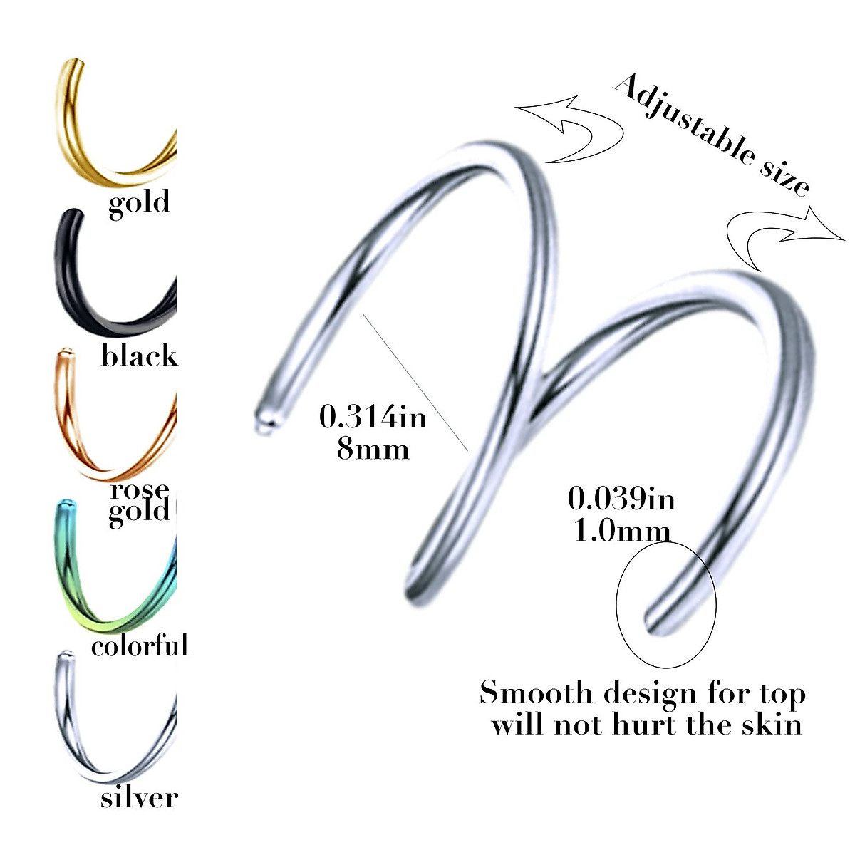 Jamboo Double Nose Ring Hoop Double Hoop Nose Ring for Single Piercing Surgical Steel Spiral Nose Ring Hoop 18G Double Nose Hoops for Women Men (3 Black Silver Rose Gold 18G)