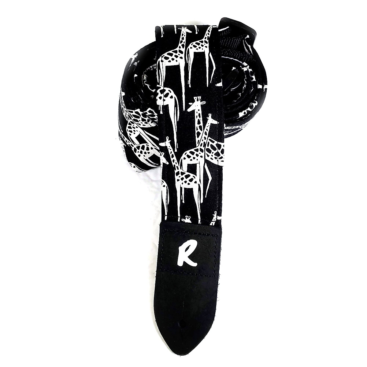 White Giraffe on Black Guitar Strap - Genuine Leather Ends, Includes 2 Strap Locks & 1 Pick. Adjustable Strap, For Bass, Electric & Acoustic Guitars Gift for Guitar Players Men, Women & Kids