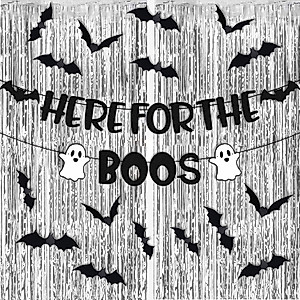 Here for The Boos Party Decorations Halloween Banner Bat Wall Decor Silver Foil Curtains Backdrop Haunted House Horror Theme for Boy Girl Kids Halloween Festival Holiday Black Glitter Party Supplies