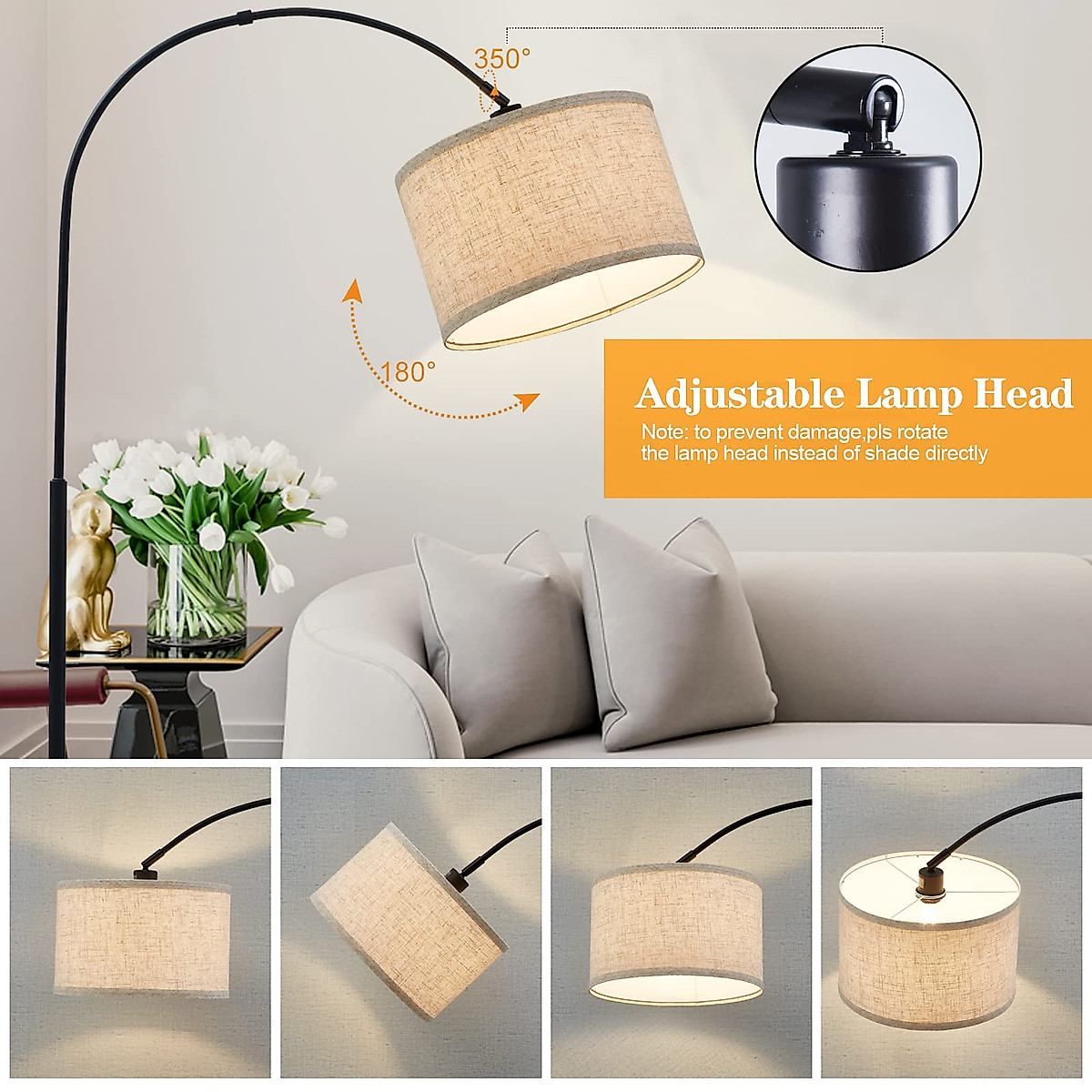 3 Lights Arc Floor Lamps for Living Room, Modern Tall Standing Lamp With Beige Shades & Heavy Base, Mid Century Tree Floor Lamp Multi-Arm Trilage Arched Floor Lamp for Bedroom Lounge Home Office
