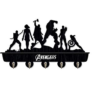 Superheroes Black Wooden Entryway Wall Shelf Hanging Shelf 16 in L, Wall-Mounted Coat Hook Rack with 5 Dual Metal Hooks for Hallway, Bathroom, Living Room, Bedroom