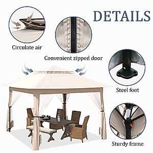 yoyomax 13X13 Outdoor Pop Up Gazebo with Netting, Portable Gazebo Waterproof Patio Canopy Shelter with Double Roof Tops and 169 Square Feet of Shade for Beach Parties, Camping and Picnics - Khaki