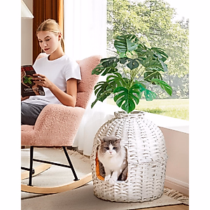 SETVSON Cat Litter Box Plant Furniture Hidden Cat Litter Box with Artificial Plants, Handwoven Rattan Cat Litter Box Enclosure with Cat Litter Box, Enclosed Plant Cat Litter Box in Living Room (White)