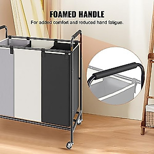 VEVOR 3-Sections Laundry Basket, Heavy Duty Laundry Hamper Storage Organizer, Laundry Sorter Cart with Heavy Duty Lockable Wheels for Dirty Clothes in Laundry Room Bedroom