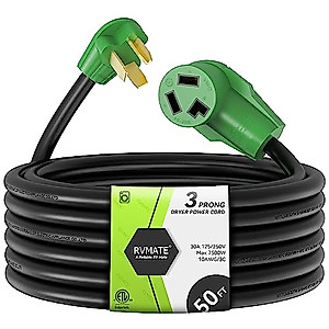 RVMATE 3 Prong Dryer/EV Extension Cord 50 Feet, 30 Amp NEMA 10-30P to 10-30R 125V/250V Waterproof PVC Jacket, Perfect for Dryer Power Extension and Level 2 EV Charging, ETL Listed