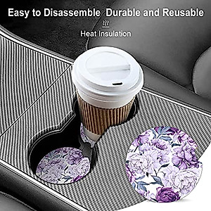 Purple Floral Cup Holders Car Coasters Set for Women Girl,Pretty Design Keep Cup Holders Clean and Dry,Drink Cup Car Holder Coasters with A Finger Notch 2.56" Pack of 2
