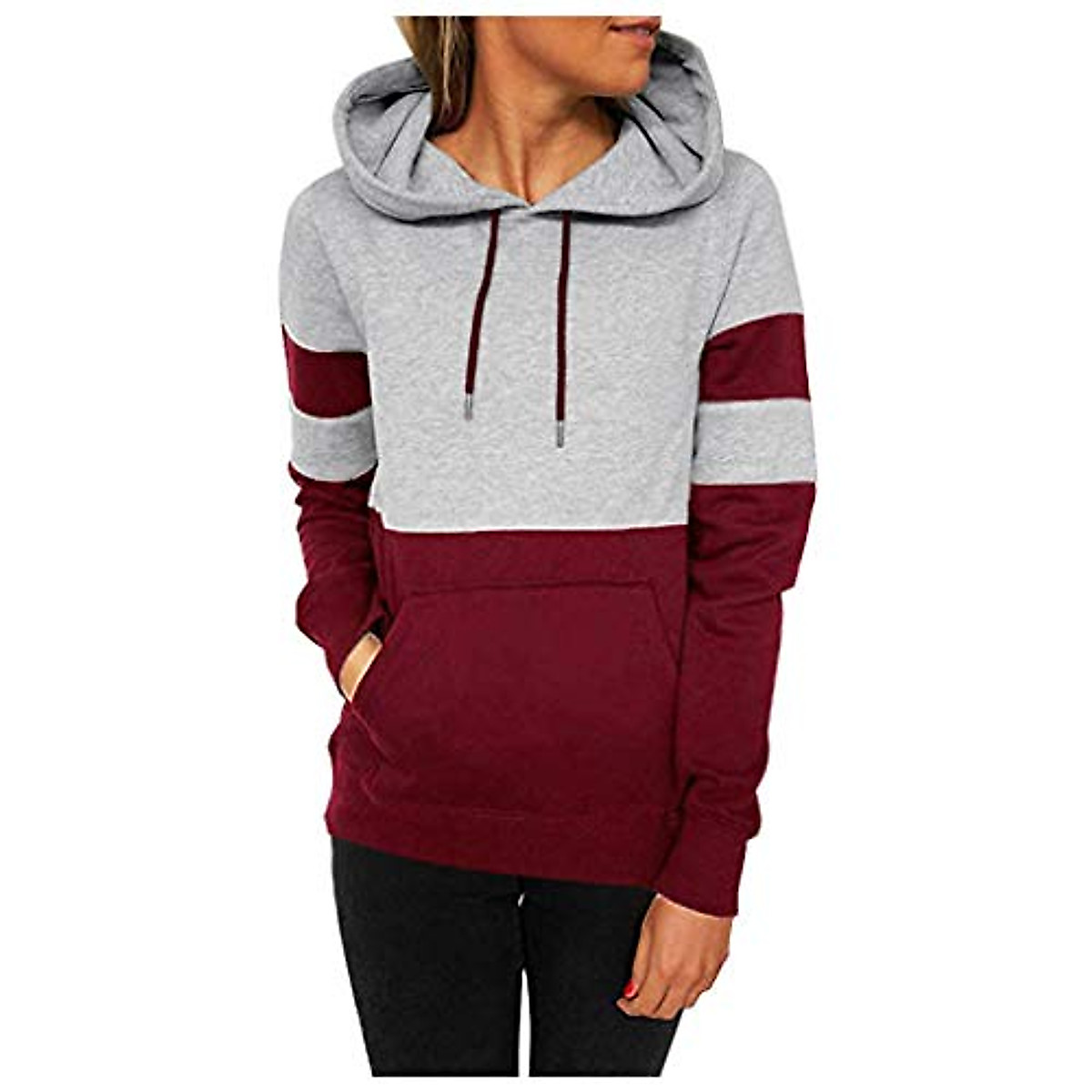 FraftO Womens Hoodie Top Spell Color Stripes Large Size Long Sleeve Sweatshirt Drawstring Pocket Simple Pullover Wine