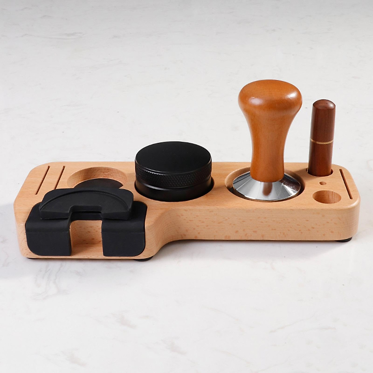 Wood Coffee Filter Tamper Holder Kits Espresso Accessories Kits Universal Anti Slip Espresso Tamper Station for Shop Commercial Cafe Tearoom, Beech 51mm