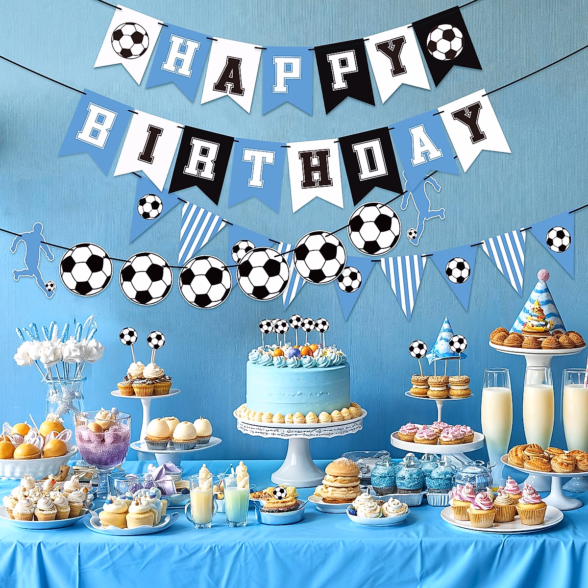 Soccer Birthday Party Decorations for Boys Men, Blue Soccer Happy Birthday Banner Sport Football Birthday Backdrop Background Photo Props for Soccer Ball Theme Birthday Party Favors Decor Supplies