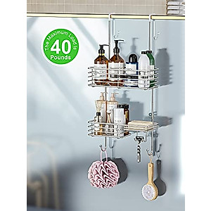 SMARTAKE Shower Caddy Over The Door, Stainless Steel Bathroom Shelf Organizer, Rustproof Wall Rack with Hooks, Razors Towels Shampoo Organizer for Dorm, Toilet, Bath and Kitchen, Silver