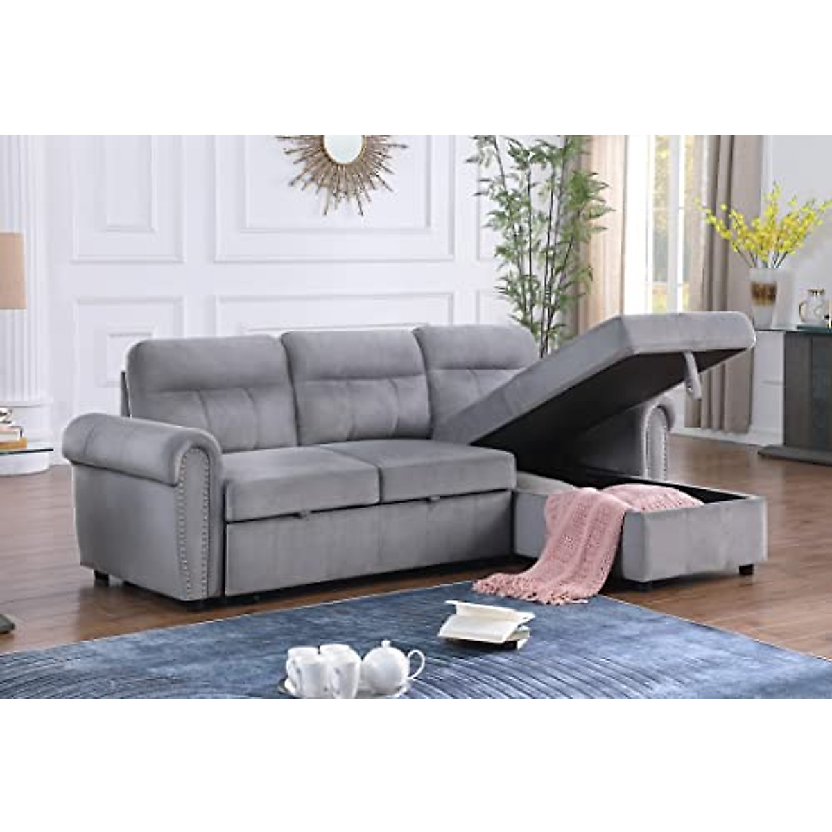 Lilola Home Ashton Gray Velvet Fabric Reversible Sleeper Sectional Sofa Chaise