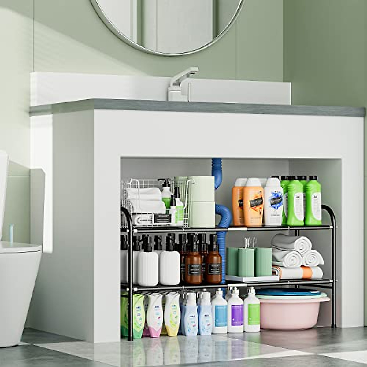 Summer&Kiss Expandable Under Sink Organizers and Storage，2-Tier Cabinet Metal Shelf Organizer with 8 Removable Panels, Black Under Sink Storage Rack for Kitchen Bathroom