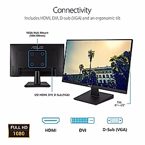 ASUS VA24EHE 23.8” Monitor 75Hz Full HD (1920x1080) IPS Eye Care HDMI D-Sub DVI-D,Black