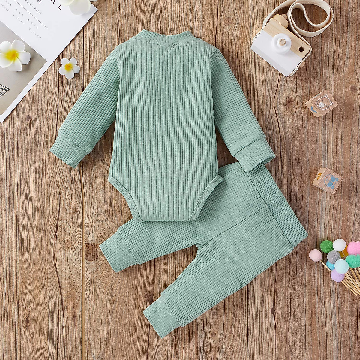 CIYCUIT Newborn Baby Boy Girl Outfits Long Sleeve Ribbed Romper Pants Set 0 3 6 12 18 24 Months Gender Neutral Baby Clothes Light Green 12-18 Months
