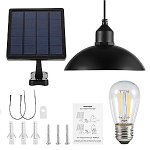 Solar Powered Pendant Light E27 Bulb, Metal Shade Solar Powered Pendant Light E27 Bulb Outdoor Hanging Shed Lamp for Home Garden