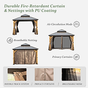 Domi 12' X 12' Wood Gazebo, Cedar Frame Hardtop Gazebo with Galvanized Steel Double Roof, Netting & Curtains, Patio Pergola Pavilion for Patio, Backyard, Deck, Lawns