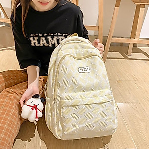 IECSHDU Kawaii Aesthetic Laptop Backpack Large Capacity Emboss Textured Casual Daypack Cute Plush Pendant Simple Laptop Bag (Yellow)