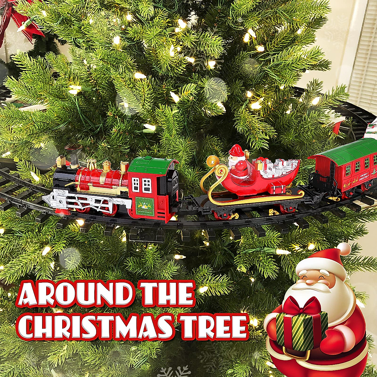 Train Set - Christmas Train Set Around & Under The Tree, Electric Train Set with Light & Sound, Battery Operated Kids Train Toys with Locomotive Engine Cars Tracks, Gift for Boys Girls