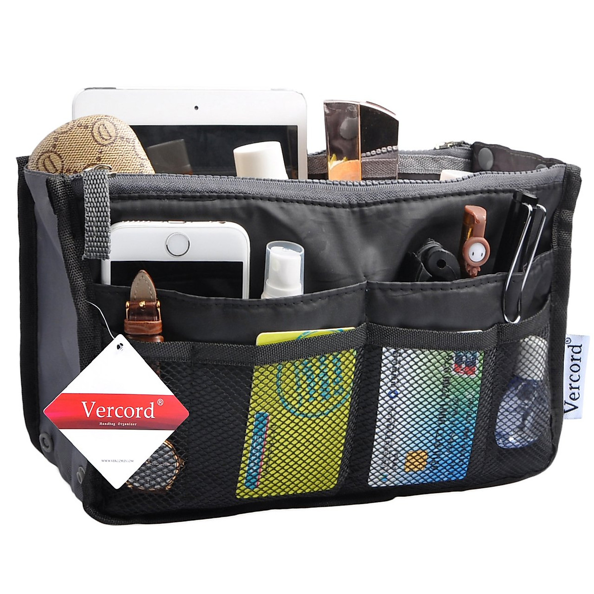 Vercord Purse Organizer Insert for Handbags Bag Organizers Inside Tote Pocketbook Women Nurse Nylon 13 Pockets Black Small