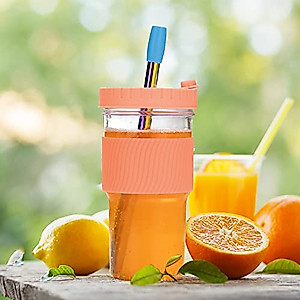 2 Pack Reusable Bubble Tea Cup , 22Oz Wide Mouth Smoothie Cups with Bamboo Lid, Silicone Sleeve & Angled Wide Straws, Leakproof Glass Mason Jars Iced Coffee Glasse Cup for Iced Coffee，Soda(Pink)