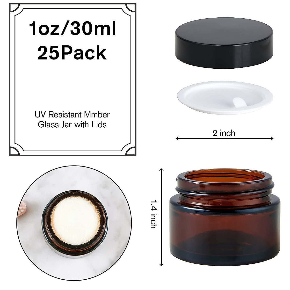 1oz Glass Jar with Lid, Hoa Kinh 30Pack Amber Round Containers Cosmetic Glass Jars with Inner Liners and Black Lids Travel Jars for Storing Lip and Body Scrub, Lotion, Body Butter, Bath Salts, Liquid