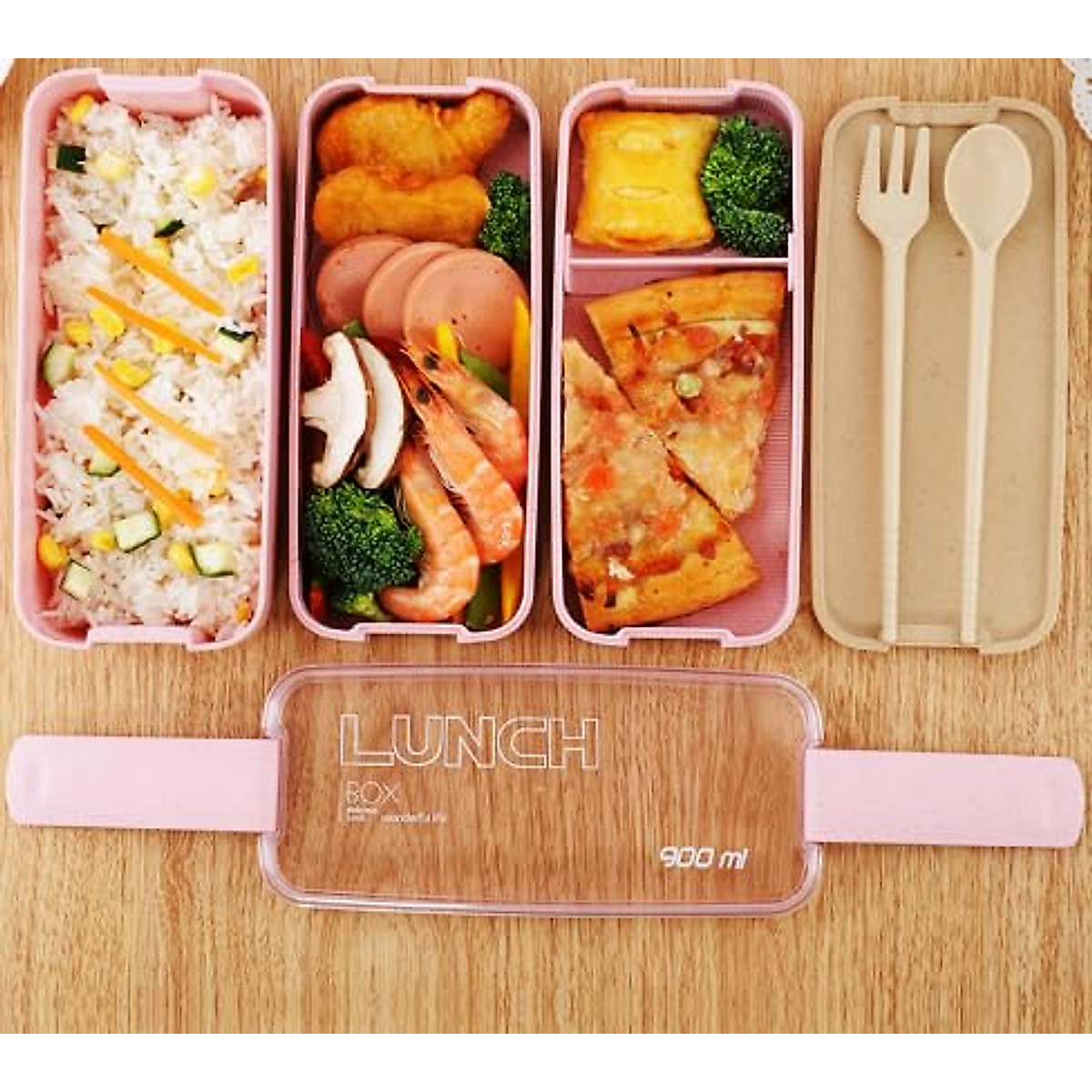 LETSKAB 2-Piece 3-in-1 Compartment Wheatgrass Bento Lunch Box Stackable lunch containers Leak Proof Eco-Friendly Adult Meal Prep Lunch box Container (Pink/Beige)