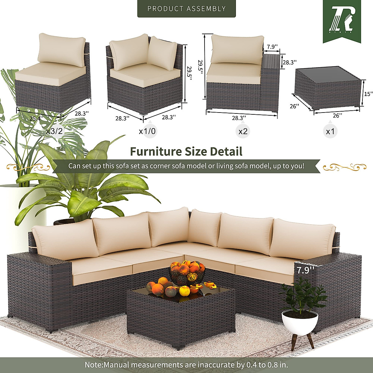 RTDTD Outdoor Patio Furniture Set, 6 Pieces Outdoor Furniture All Weather Patio Sectional Sofa PE Wicker Modular Conversation Sets with Coffee Table,5 Chairs & Seat Clips(Brown)