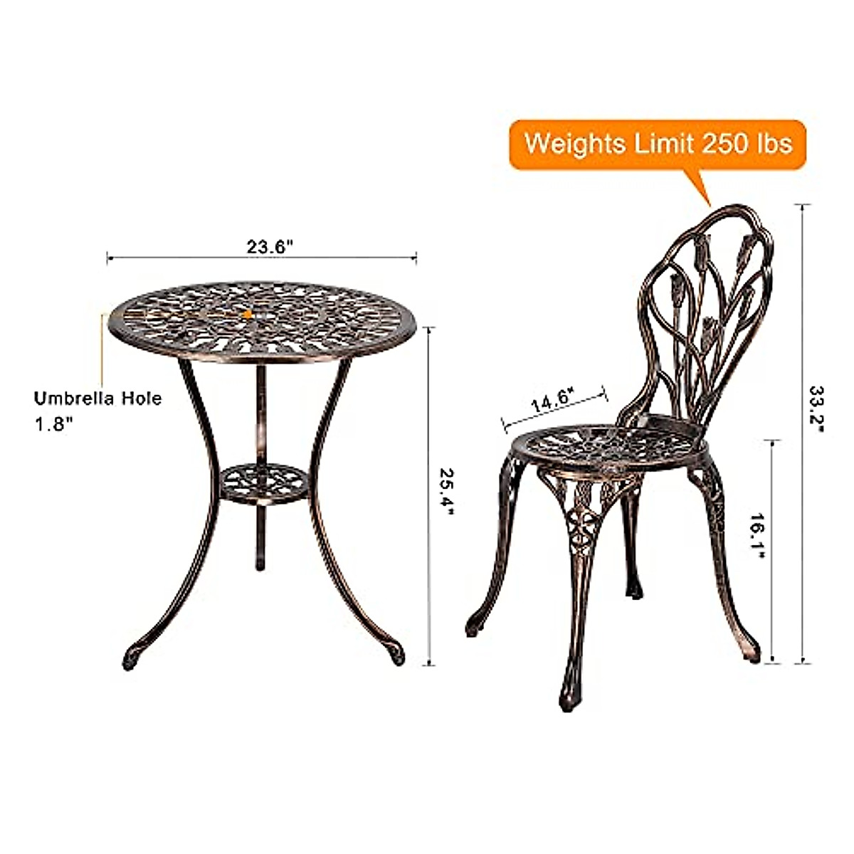 KINWELL Bronze 3-Piece Aluminum Round Outdoor Bistro Set with Umbrella Hole, Rust-Resistant Cast Aluminum Patio Set with Garden Table and Chairs