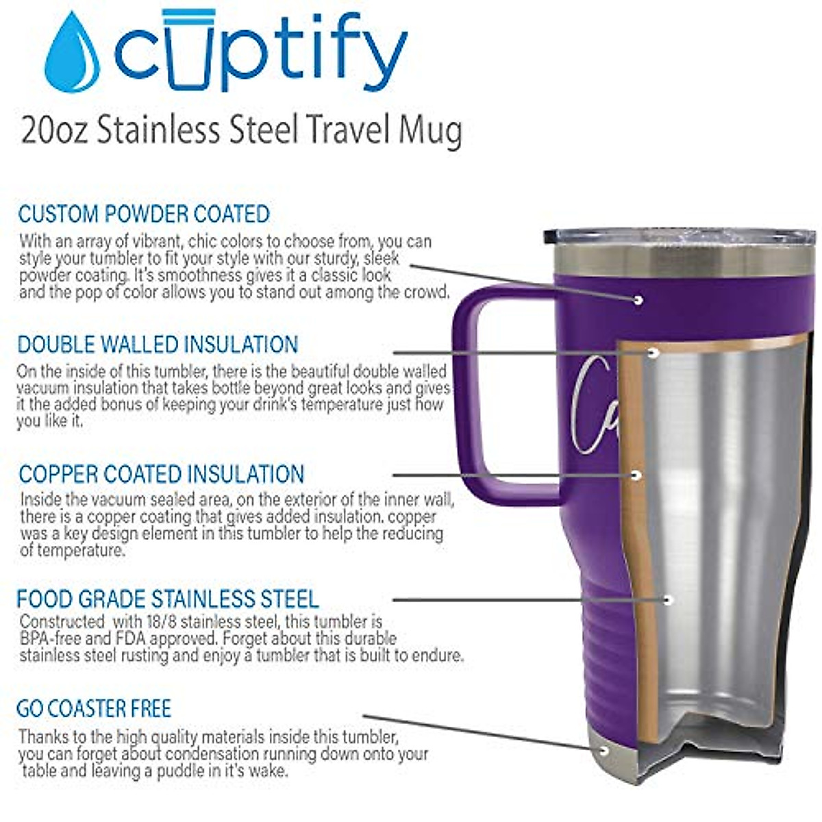 Personalized Travel Mug with Handle and Name Purple Matte Finish Custom Laser Engraved 20 oz Stainless Steel Vacuum Insulated Coffee Cup with Lid